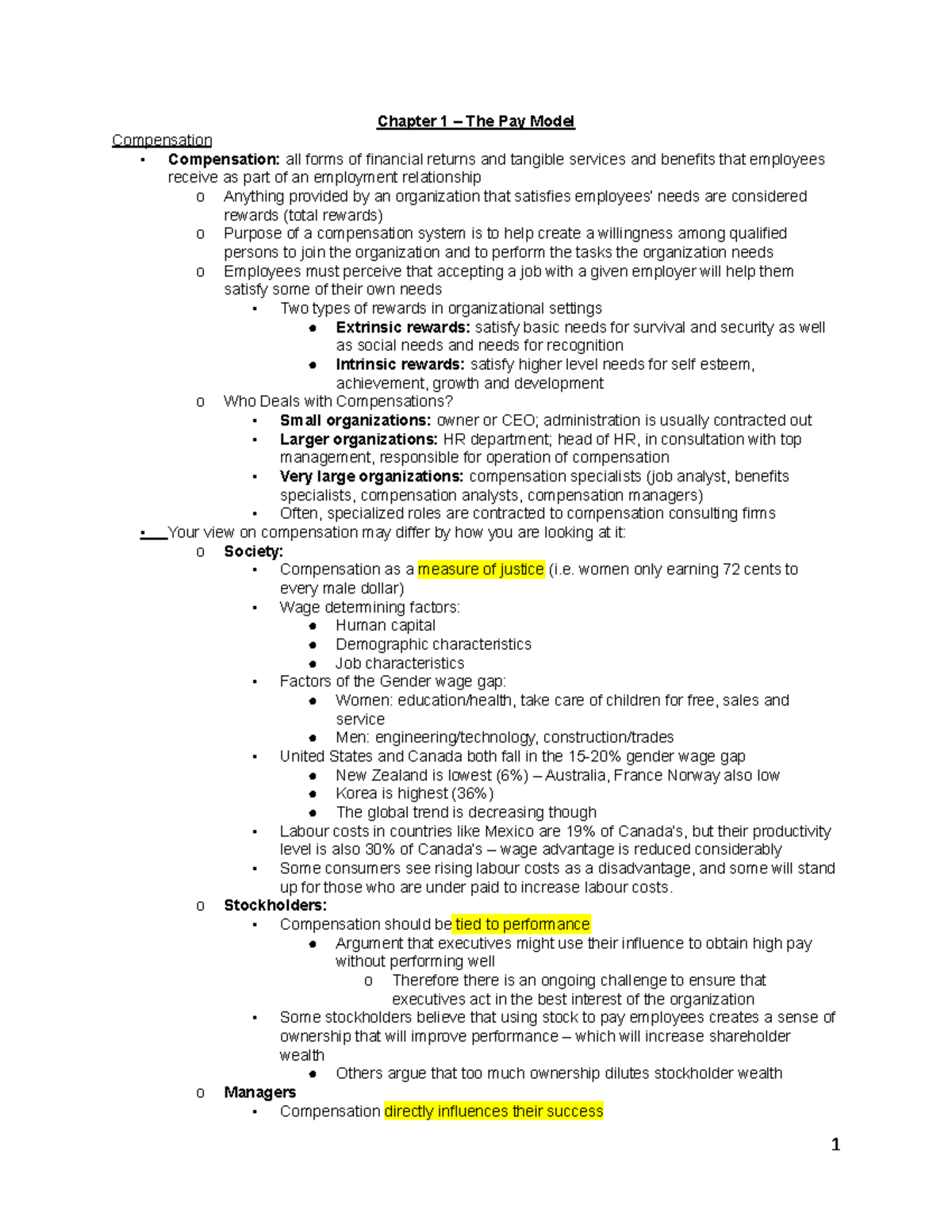 3342 Midterm Textbook 1-5 and Lecture - Chapter 1 – The Pay Model ...