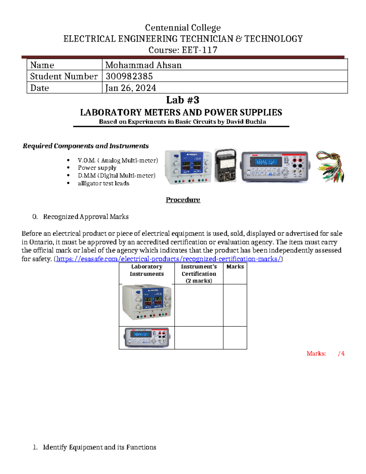 EET-117 LAB 3 23W - EET 117, lab-3 - Centennial College ELECTRICAL ...