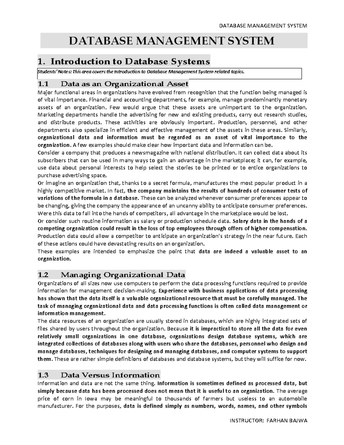 DBMS Week01 Lec01 Notes - Students’ Notes: This area covers the ...