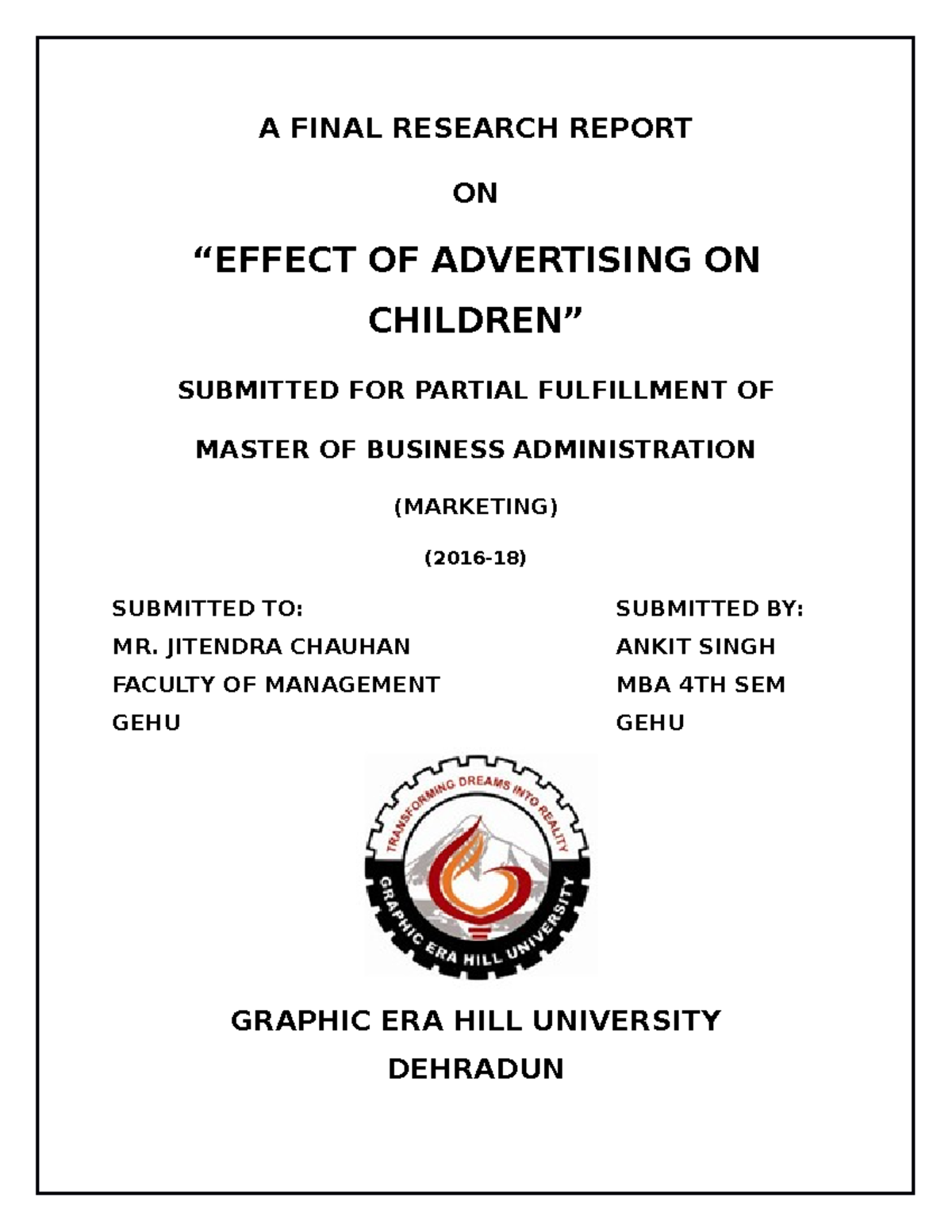 Effects OF Advertisement ON Children (marketing) - A FINAL RESEARCH ...