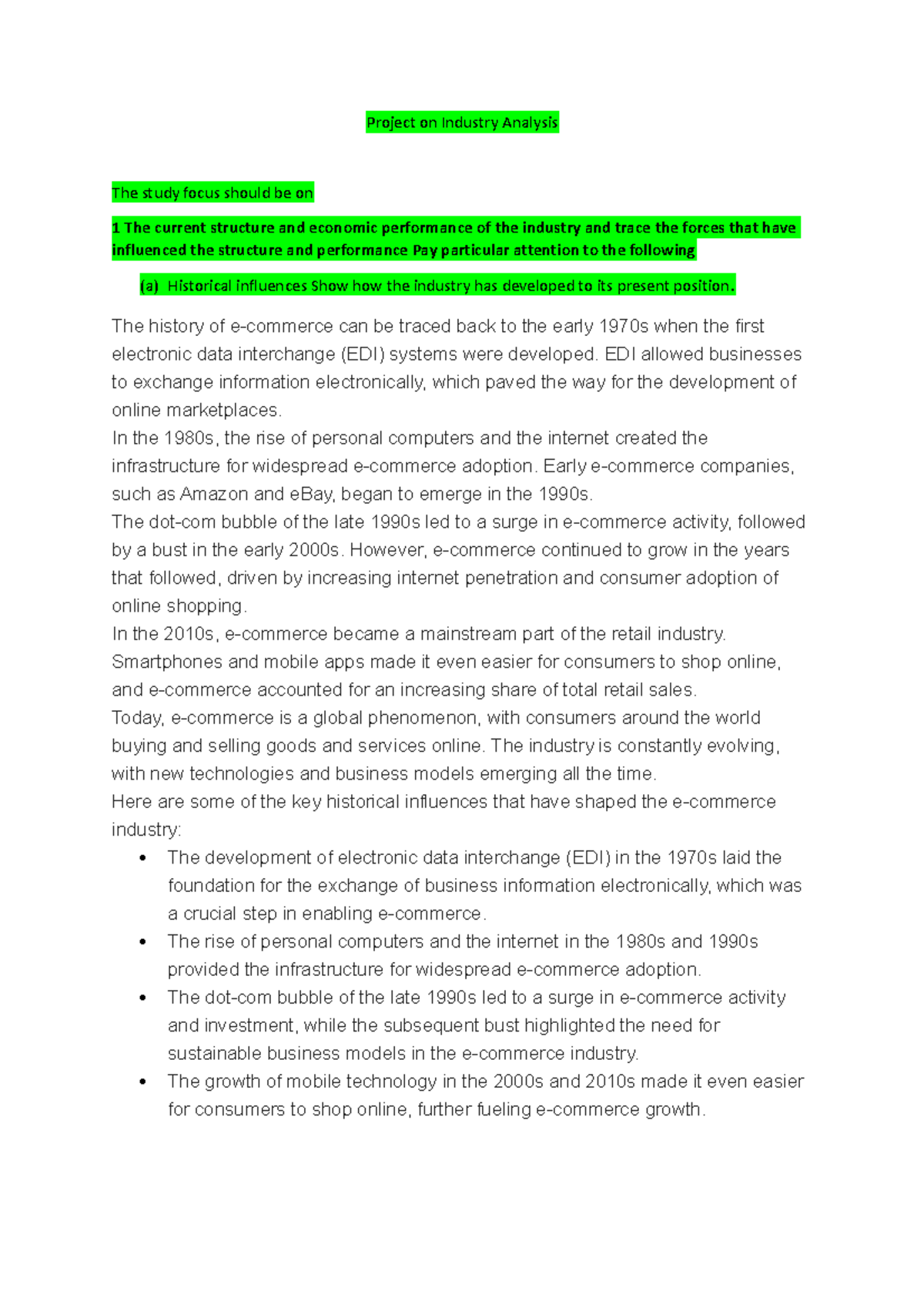 Sectoral project - Project on Industry Analysis The study focus should ...