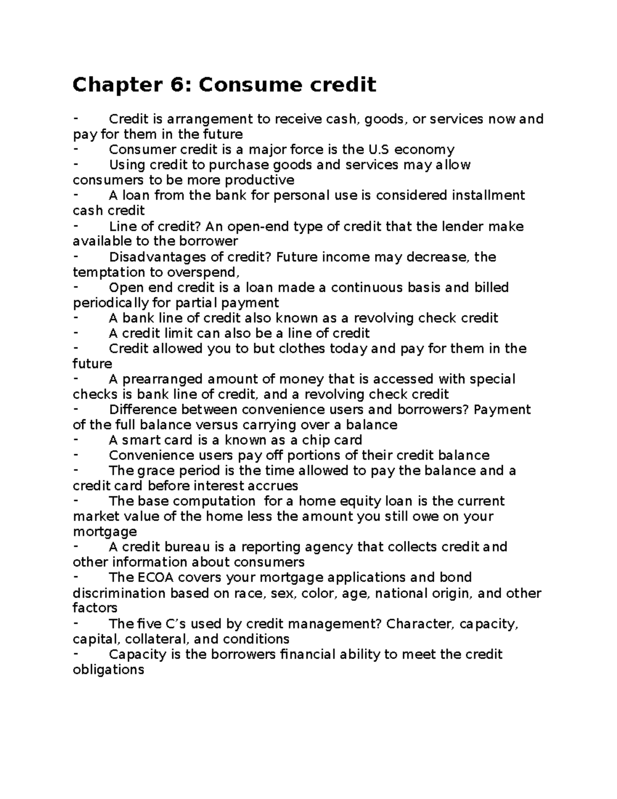 Chapter 6 notes finacial - Chapter 6: Consume credit ⁃ Credit is ...