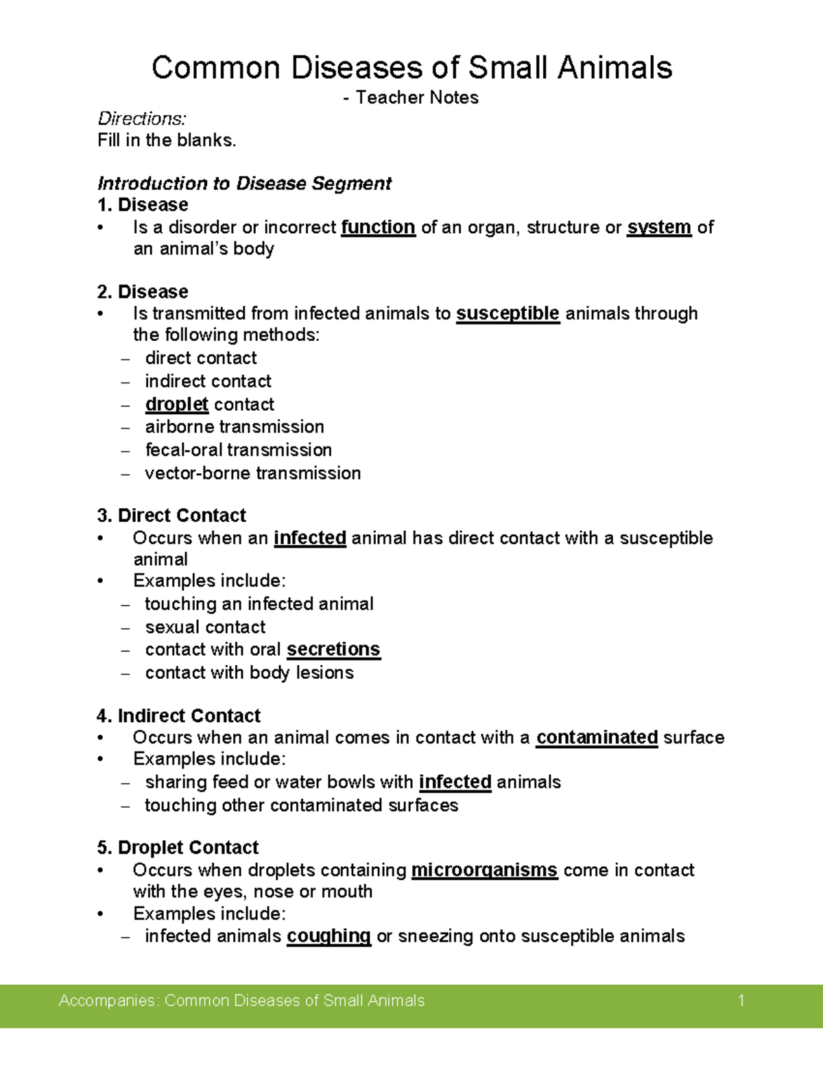 Common Diseases - Teacher Notes Directions: Fill in the blanks ...