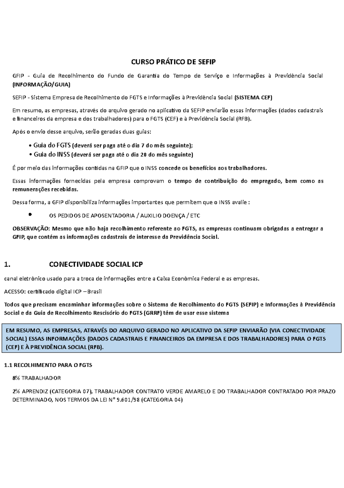 Curso Prático DE Sefip - CURSO PRÁTICO DE SEFIP GFIP - Guia de Recolhimento do Fundo de Garantia ...