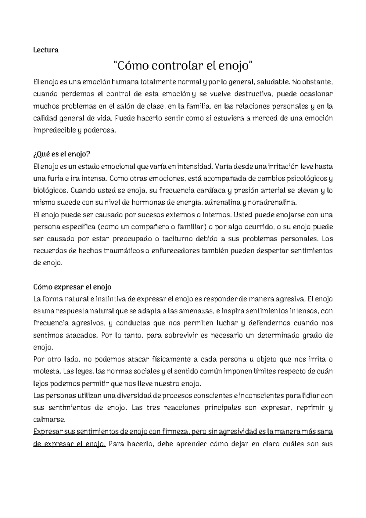 Como controlar el enojo - Lectura “Cómo controlar el enojo” El enojo es ...