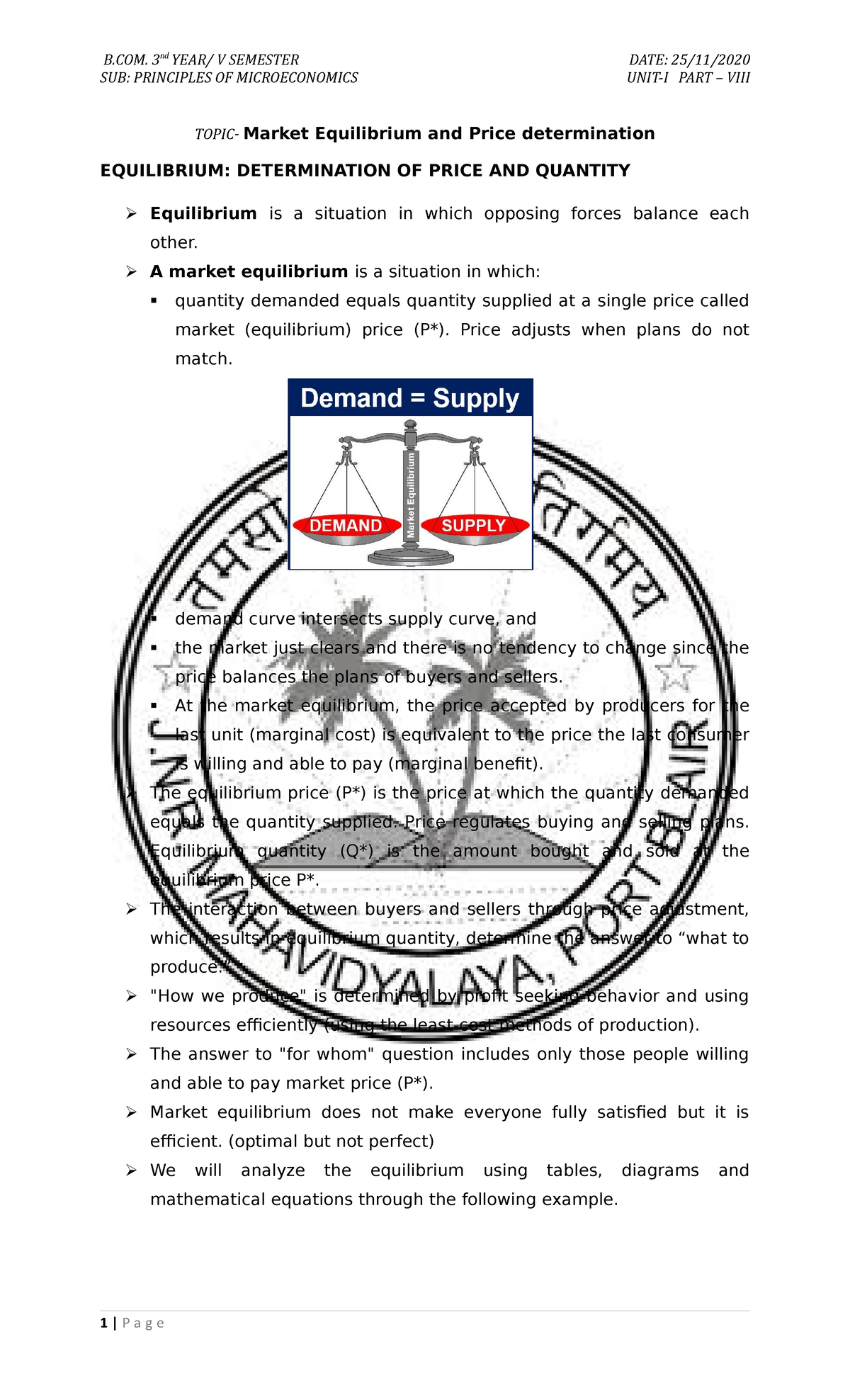 Unit 1- part 8-Market equilibrium - B. 3nd YEAR/ V SEMESTER DATE: 25/11 ...