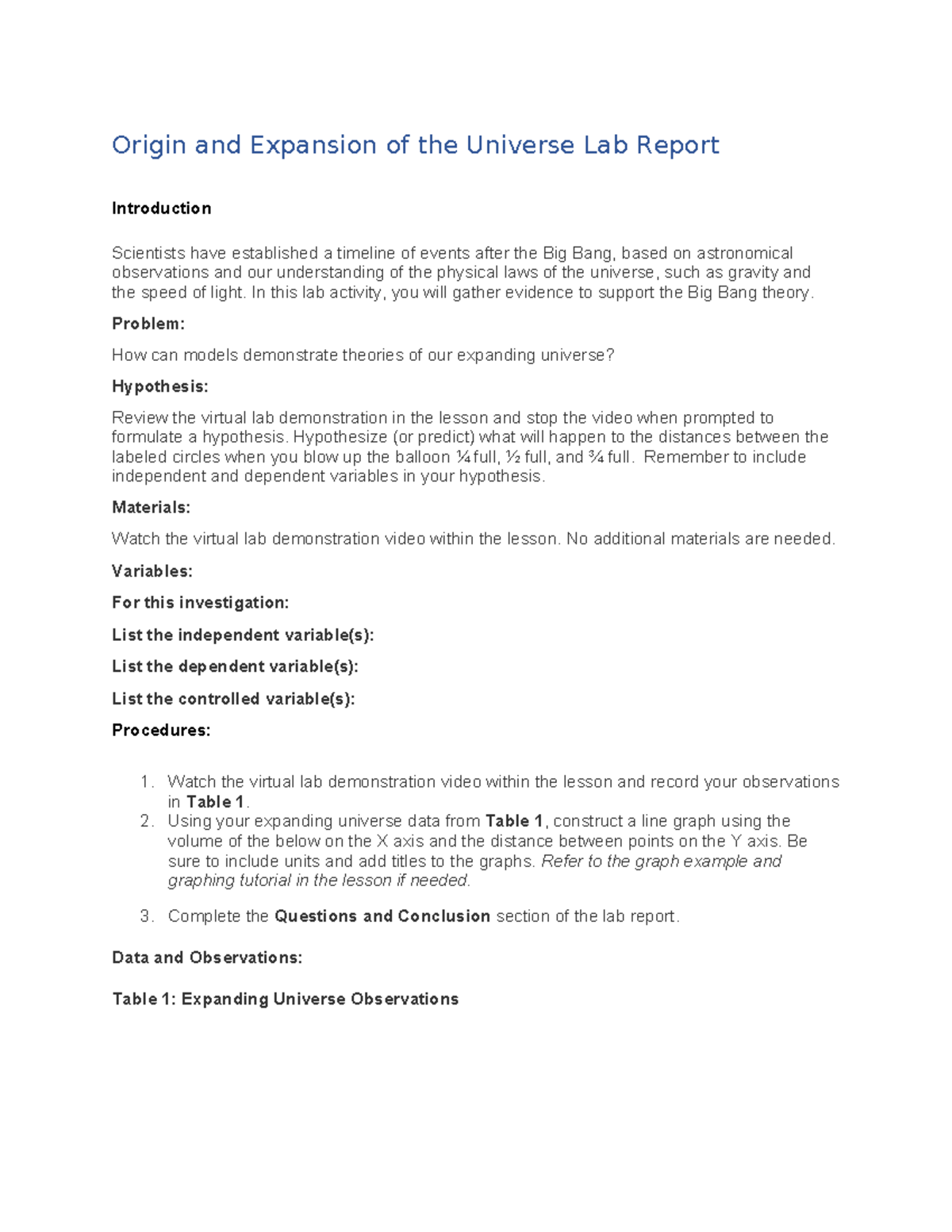 Origin expansion universe lab report - Origin and Expansion of the ...