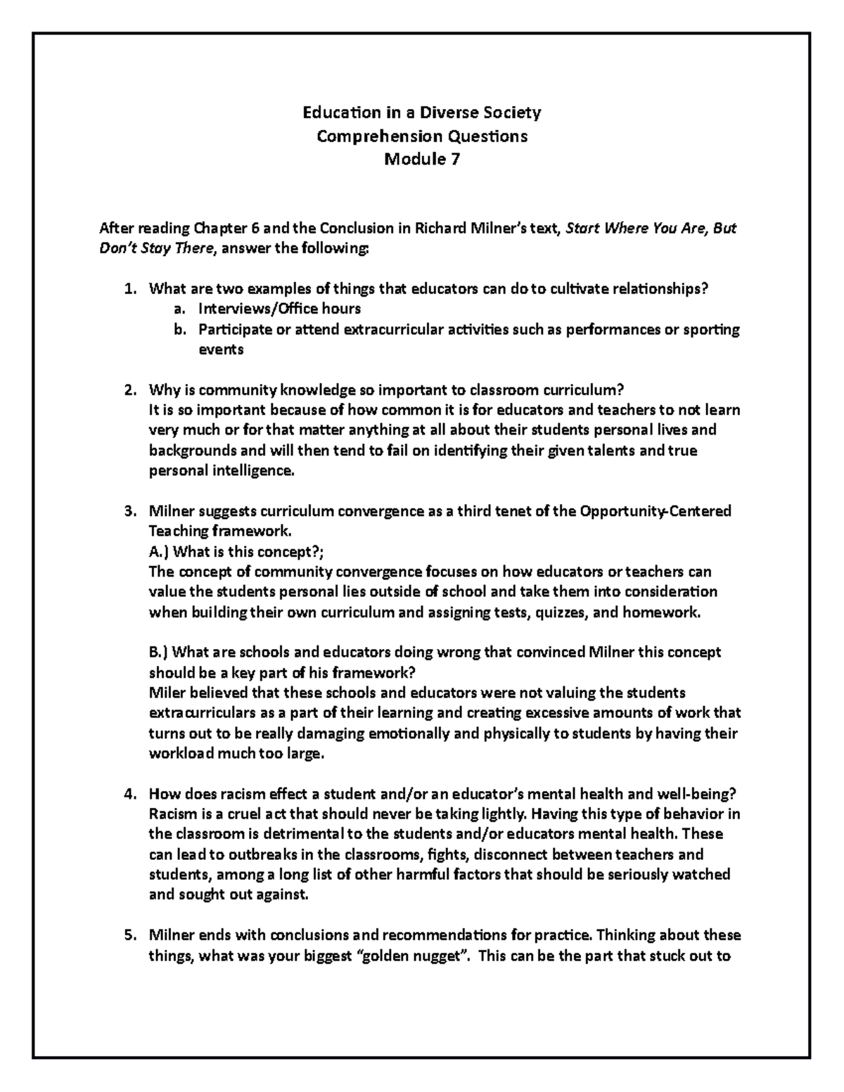 Module 7Comprehension Questions completed and - Education in a Diverse ...