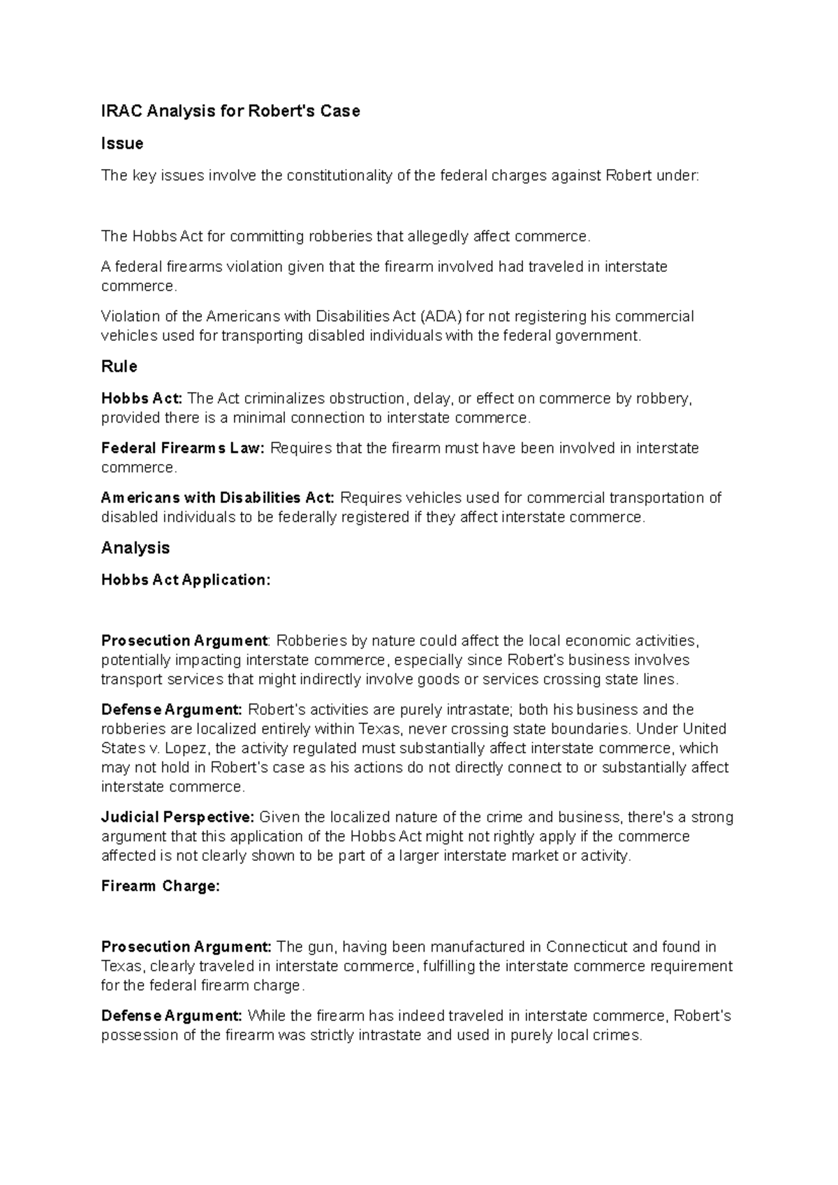 IRAC Analysis for Robert's Case - IRAC Analysis for Robert's Case Issue ...