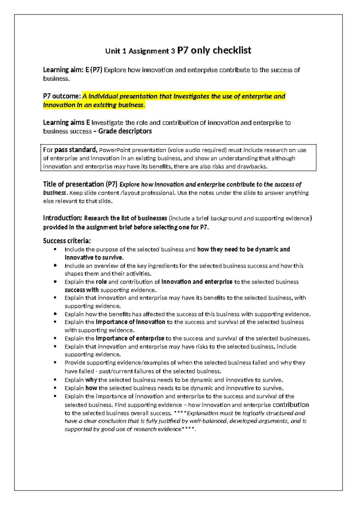 Assignment 3 P7 checklist 2023-2024 - Unit 1 Assignment 3 P7 only ...