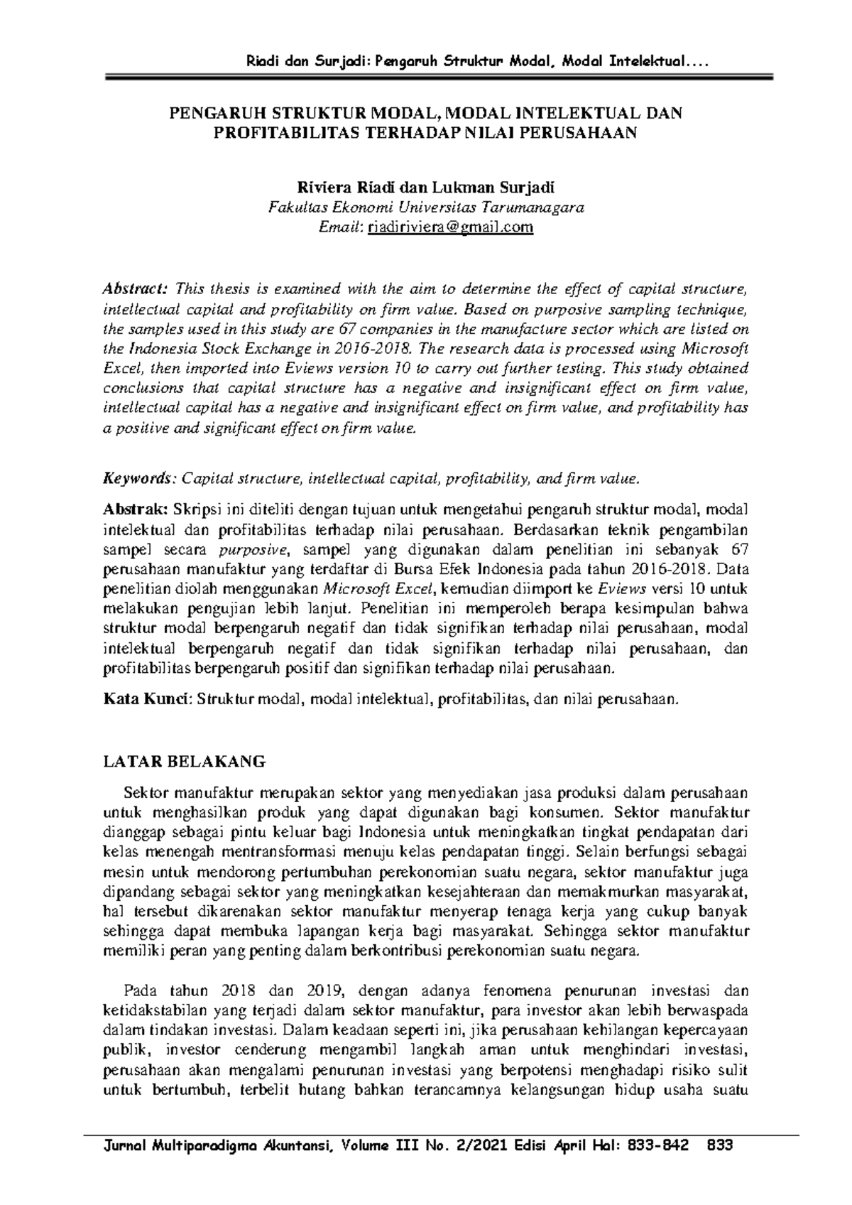 Jurnal - Intellectual Capital DAN GCG PADA Nilai Perusahaan - PENGARUH STRUKTUR MODAL, MODAL ...