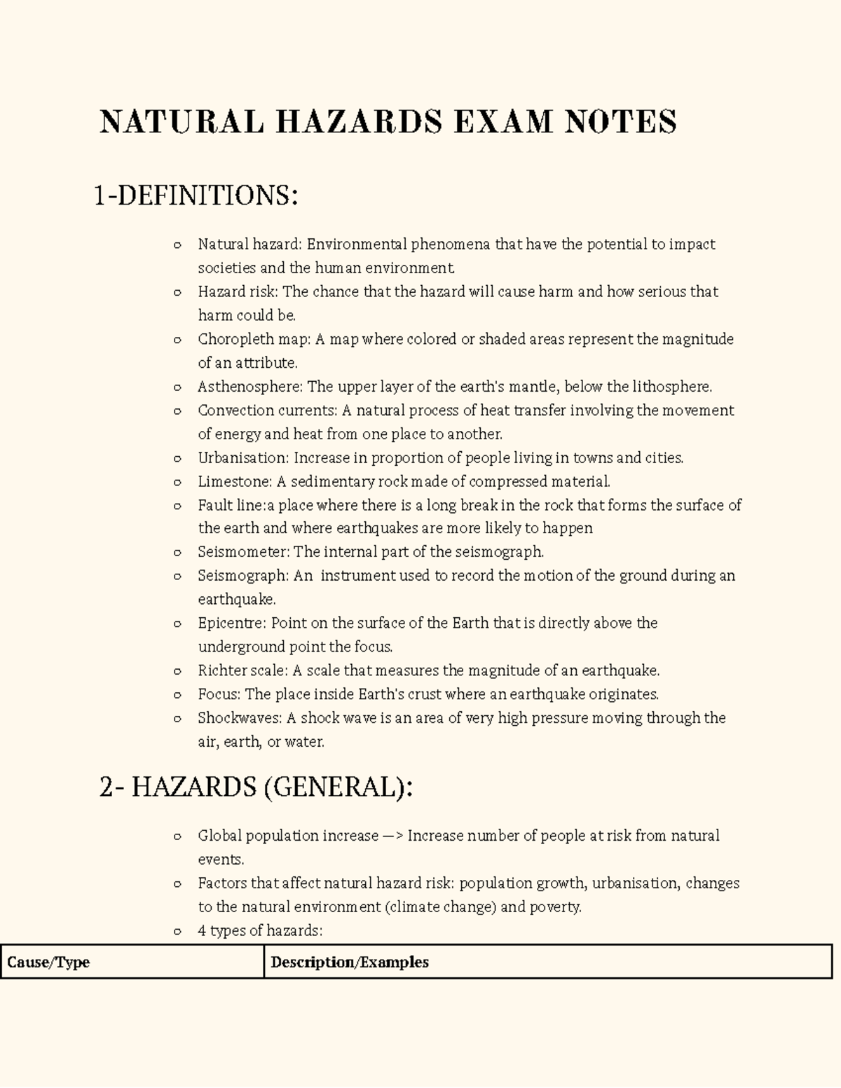 Class notes - Google Docs - NATURAL HAZARDS EXAM NOTES 1-DEFINITIONS ...