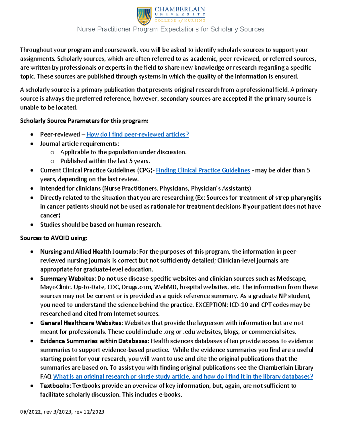 NP Program Expectations for Scholarly Resources 12-2023 - Nurse ...