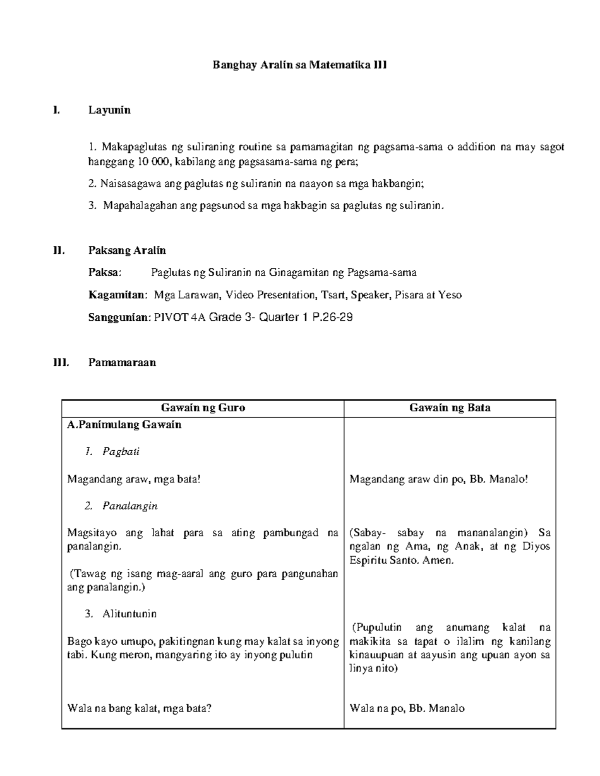 LP- Mathe - lesson plan - Banghay Aralin sa Matematika III I. Layunin ...