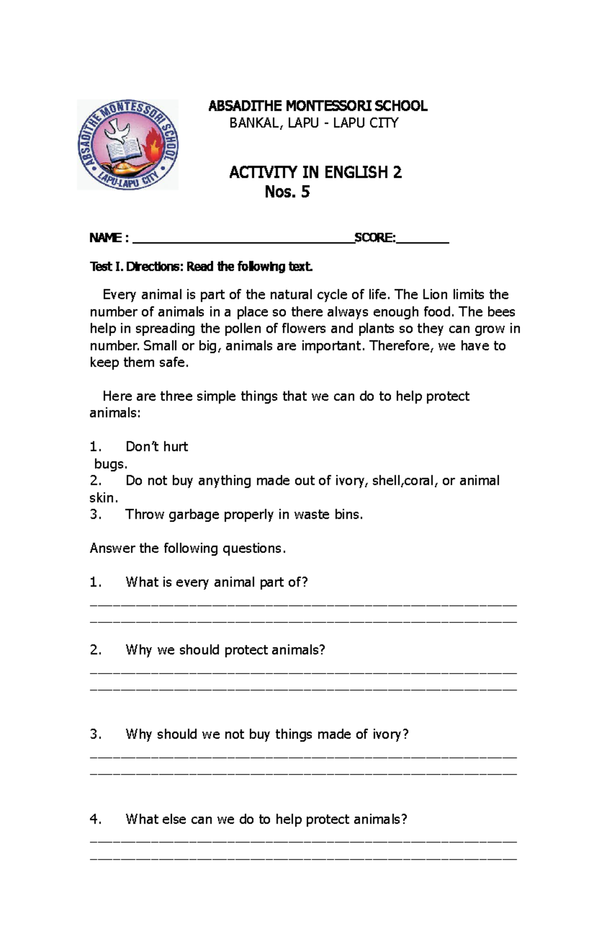 English 2 Acitivity 5 - ABSADITHE MONTESSORI SCHOOL BANKAL, LAPU - LAPU ...