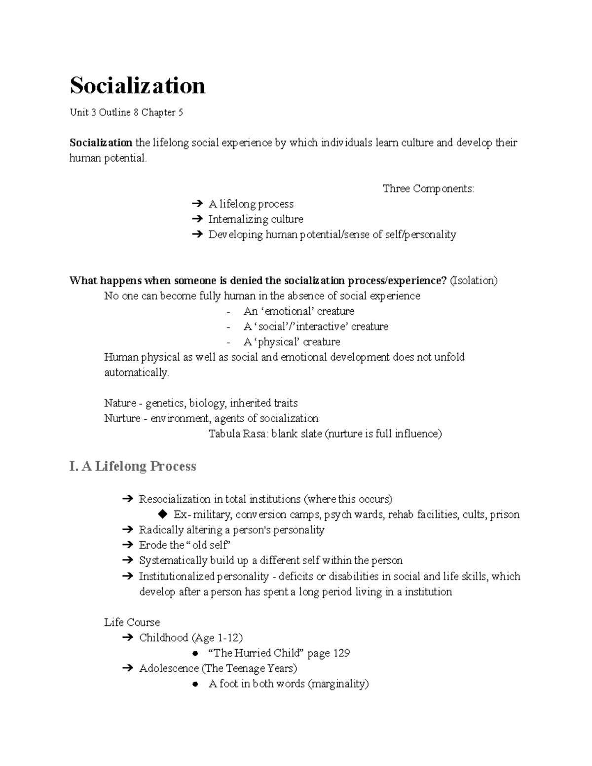 Unit 3 Outline 8 on Socialization - Socialization Unit 3 Outline 8 ...