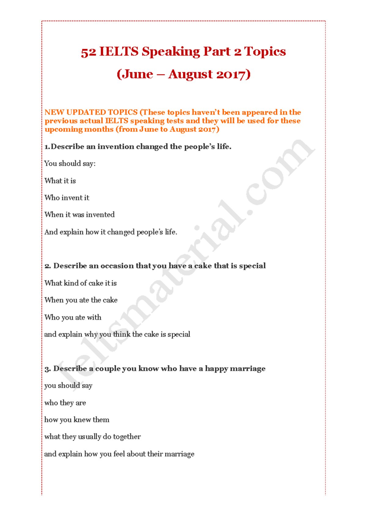 52 Ielts Speaking Part 2 Topics in 2017 - 52 IELTS Speaking Part 2 ...