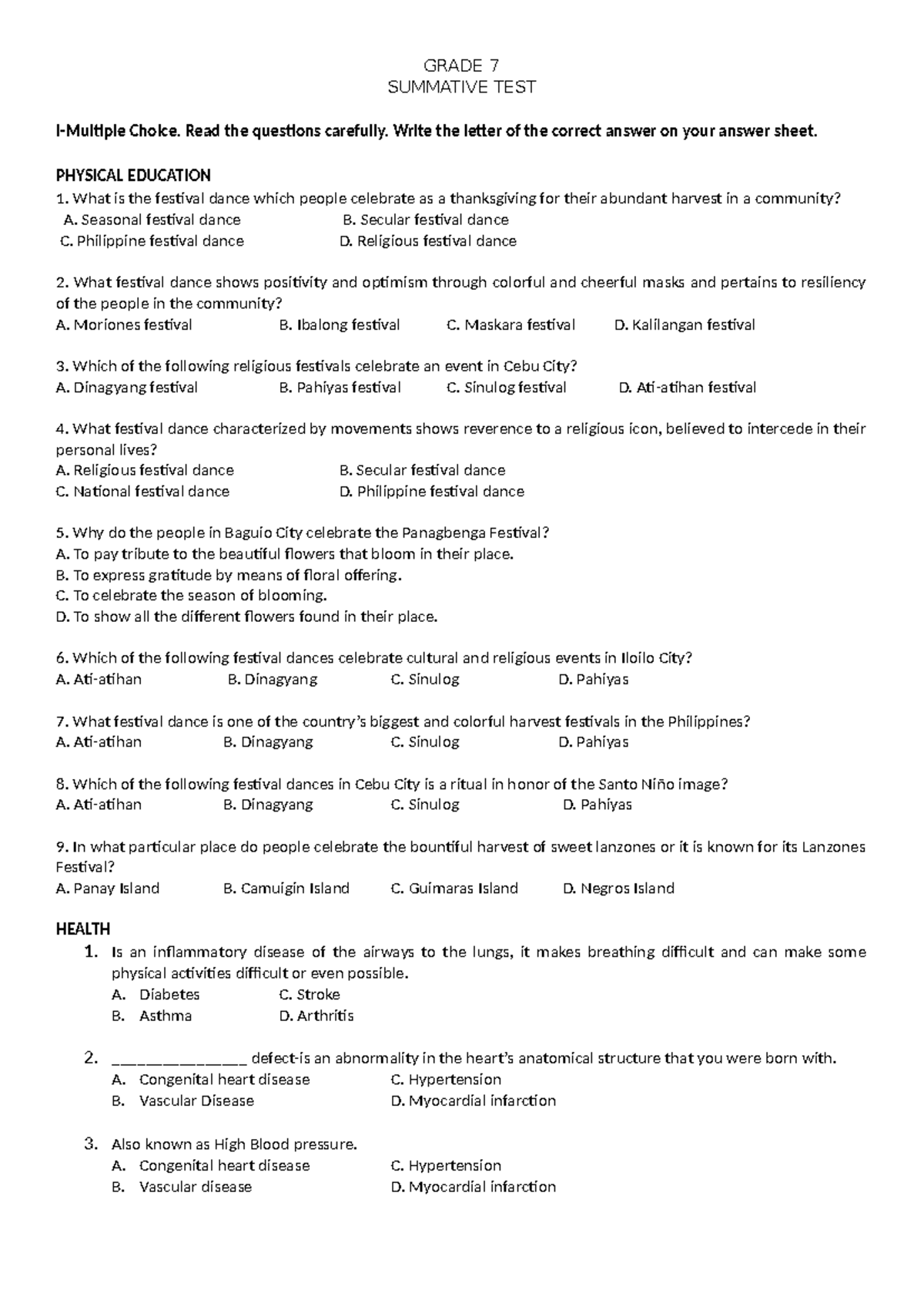 Mapeh 7 Summative TEST - READING materials - GRADE 7 SUMMATIVE TEST I ...
