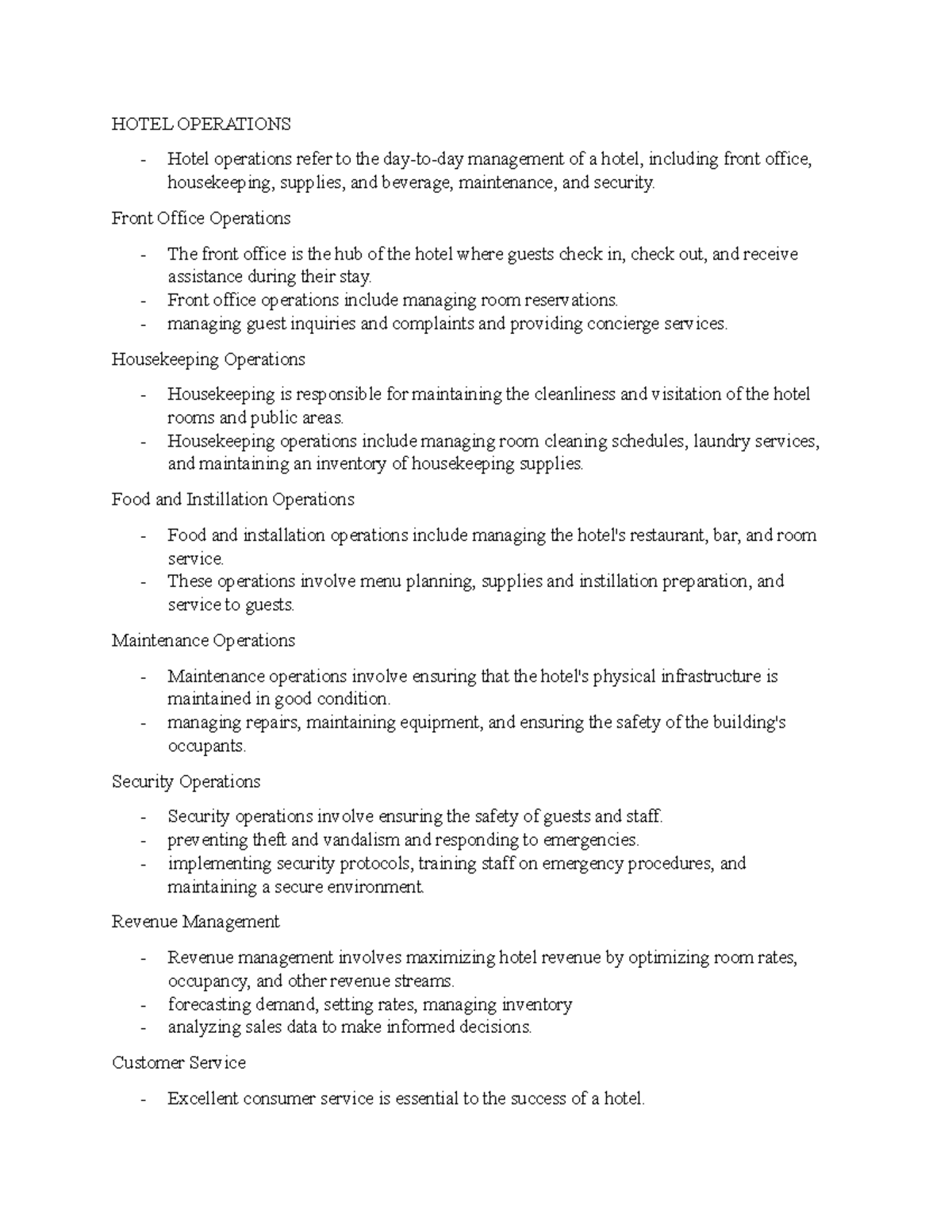Hotel Operations Notes 1 - HOTEL OPERATIONS Hotel operations refer to ...