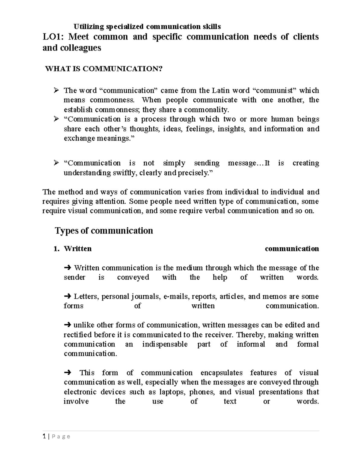 Utilizing effective communication skill - LO1: Meet common and specific ...