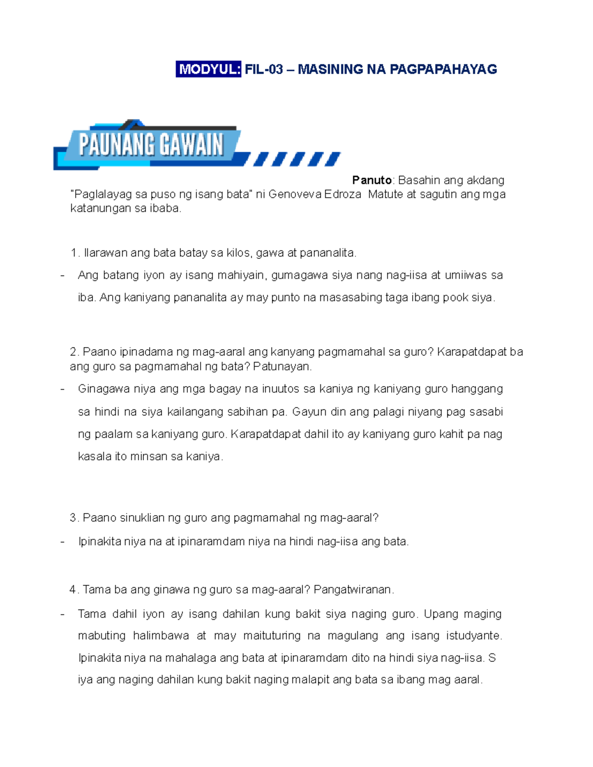 Gawain-8 - Assignment in Filipino - MODYUL: FIL-03 – MASINING NA ...