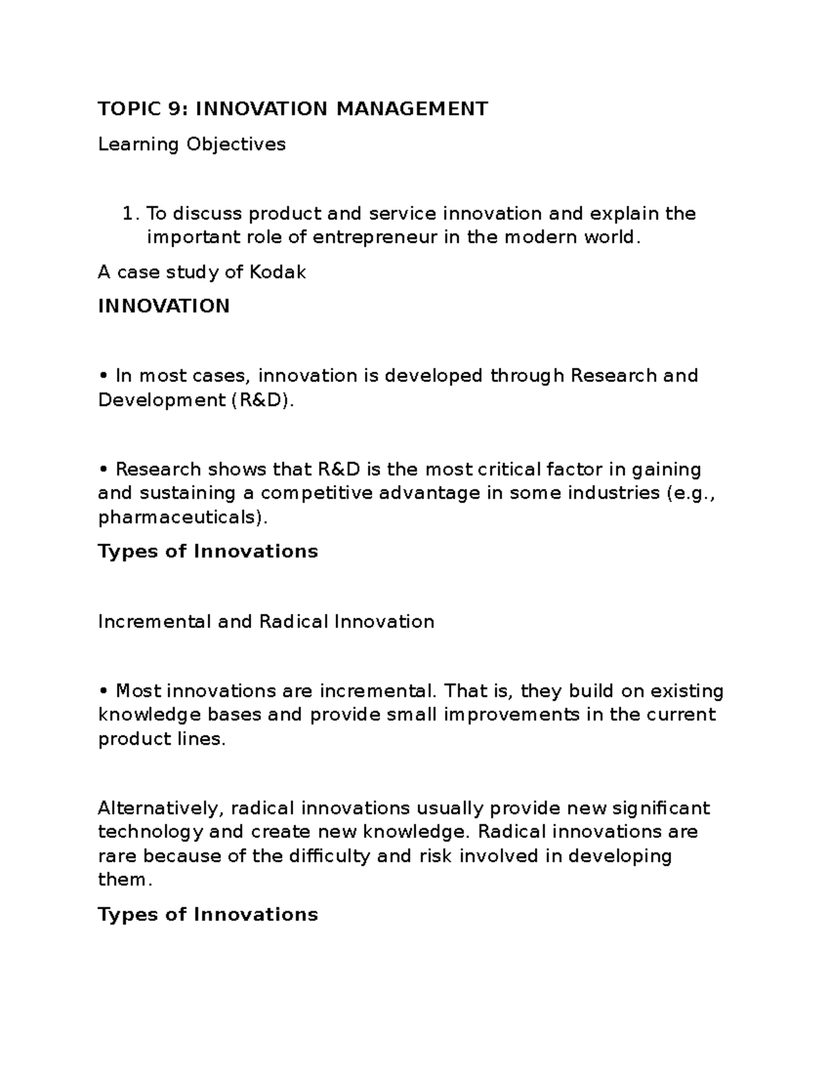 Entrepreneurship - Innovation Management 1 - TOPIC 9: INNOVATION ...