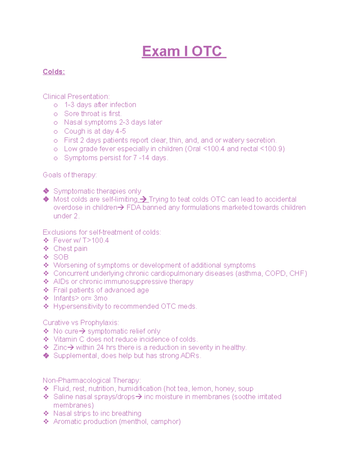 Exam I over counter - exam 1 summary - Exam I OTC Colds: Clinical ...