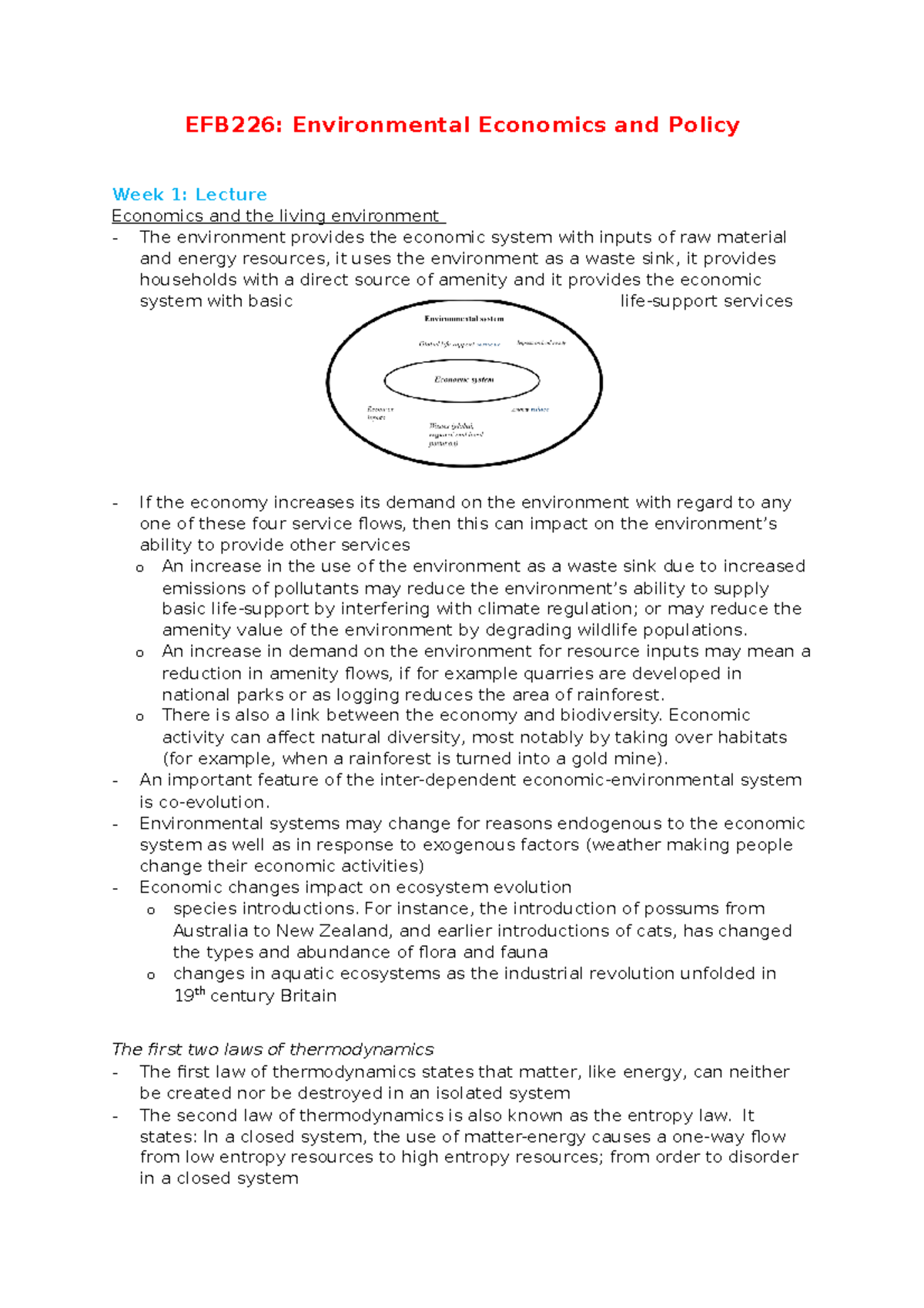EFB226 Notes - EFB226: Environmental Economics and Policy Week 1 ...