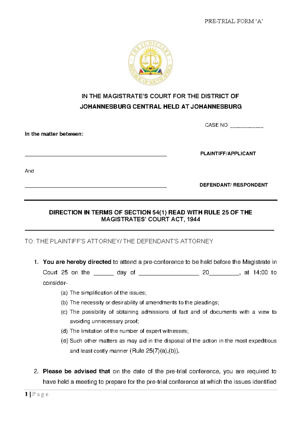 PRE- Trial FORM A ( Directive TO Attend)1 - PRE-TRIAL FORM ‘A’ 1 | P a ...