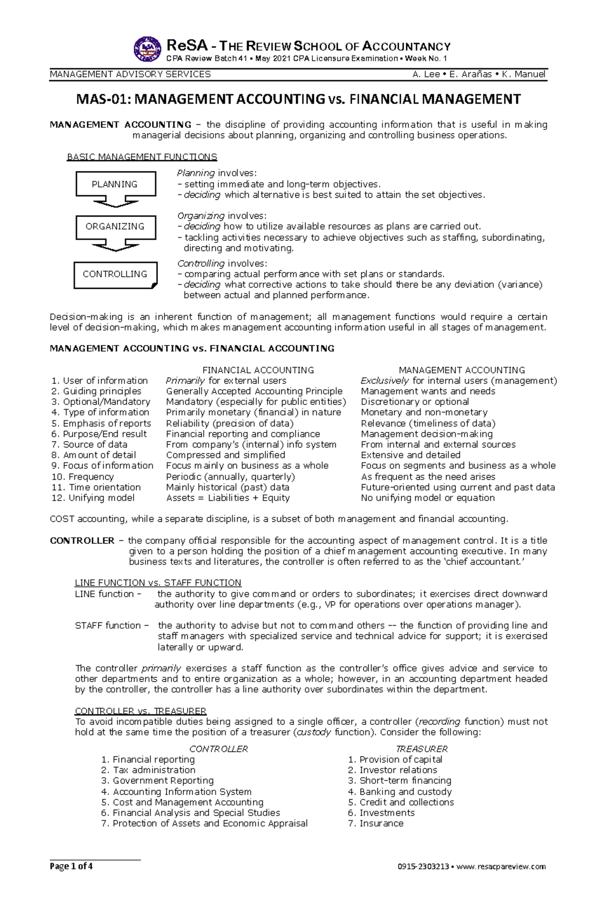 Re SA- MAS01 - review notes - ReSA - THE REVIEW SCHOOL OF ACCOUNTANCY ...