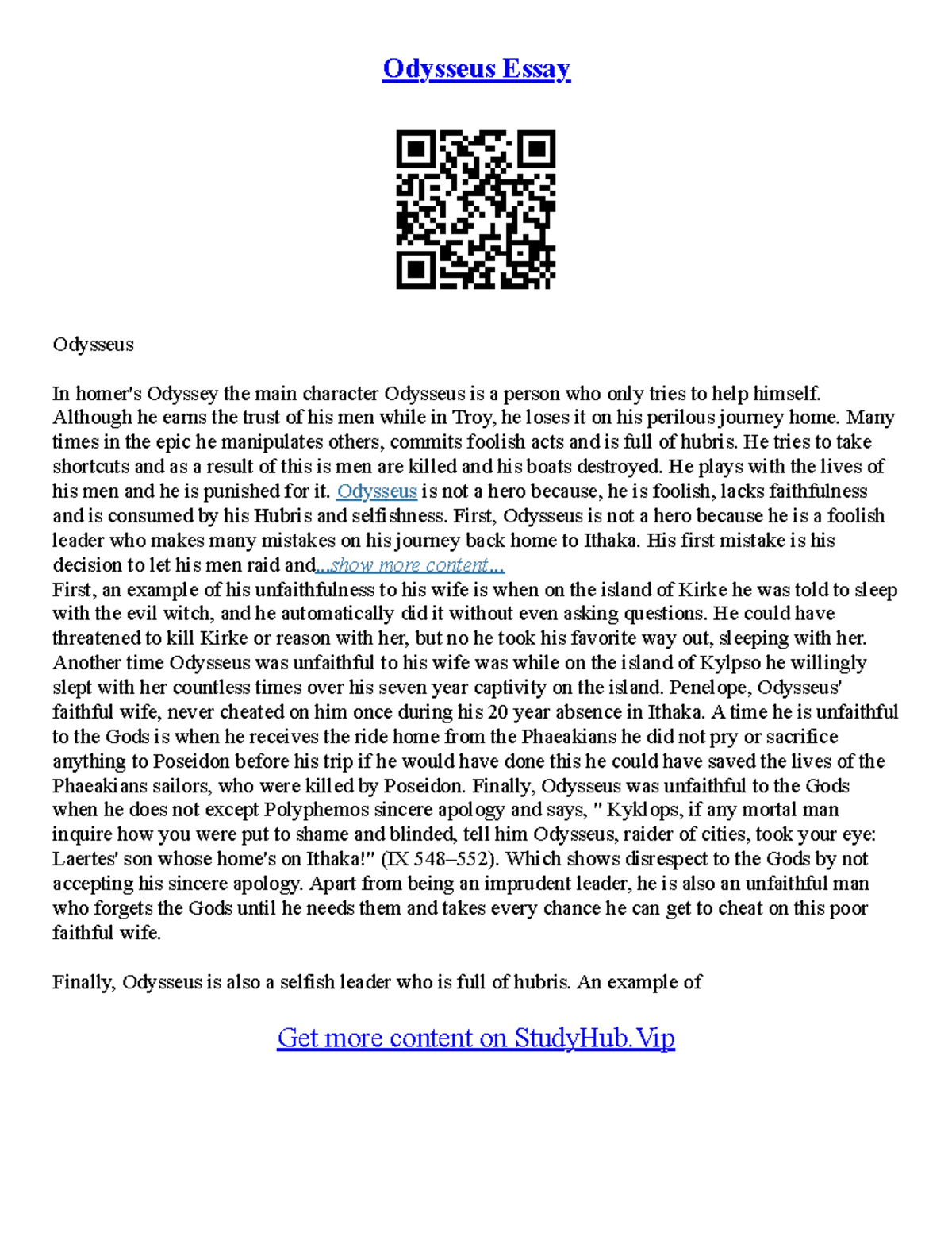 Odysseus Hero Essay - Odysseus Essay Odysseus In homer's Odyssey the ...