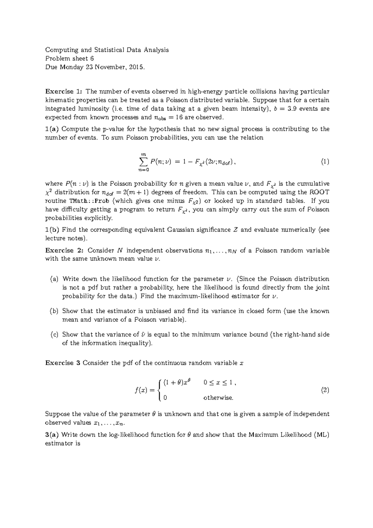 Seminar Assignments Problem Sheet 6 Computing And Statistical Data Analysis Problem Sheet 6