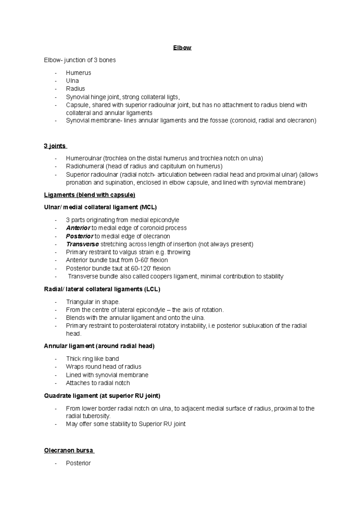 Elbow anatomy - Elbow Elbow- junction of 3 bones Humerus Ulna Radius ...