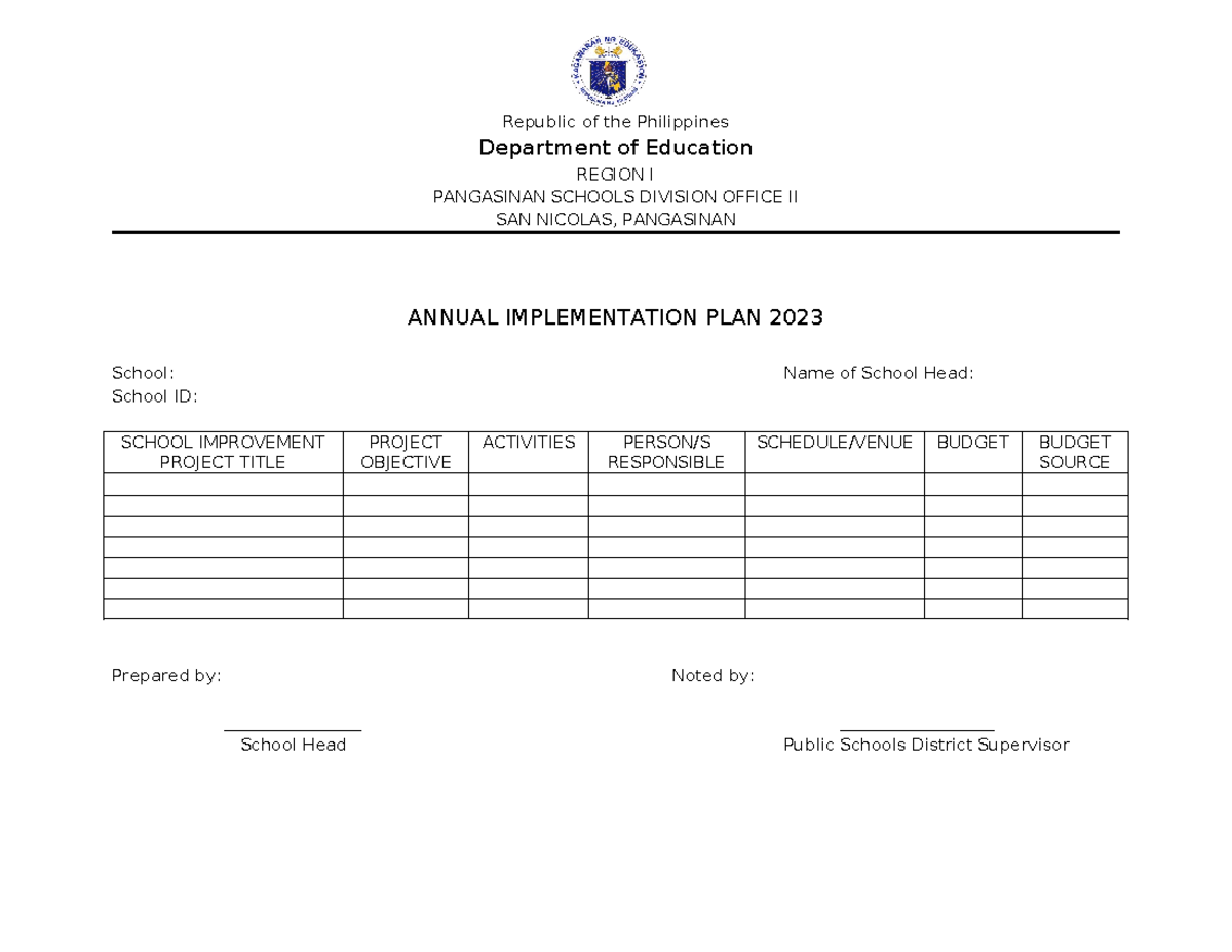 Annual Implementation PLAN 2023 Template - Republic of the Philippines ...
