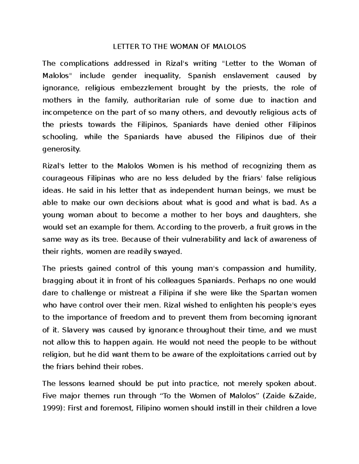 Rizal course - LETTER TO THE WOMAN OF MALOLOS The complications ...