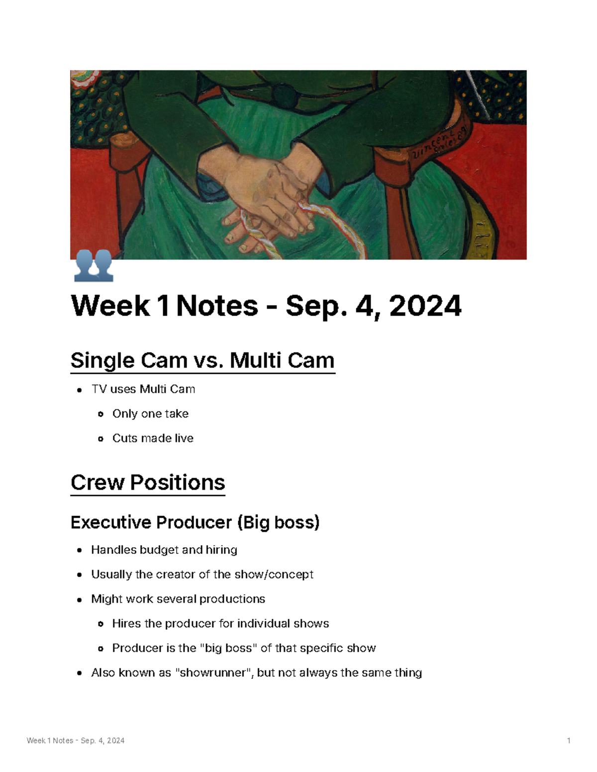 TV Notes- Week 1 - 👥 Week 1 Notes - Sep. 4, 2024 Single Cam vs. Multi ...