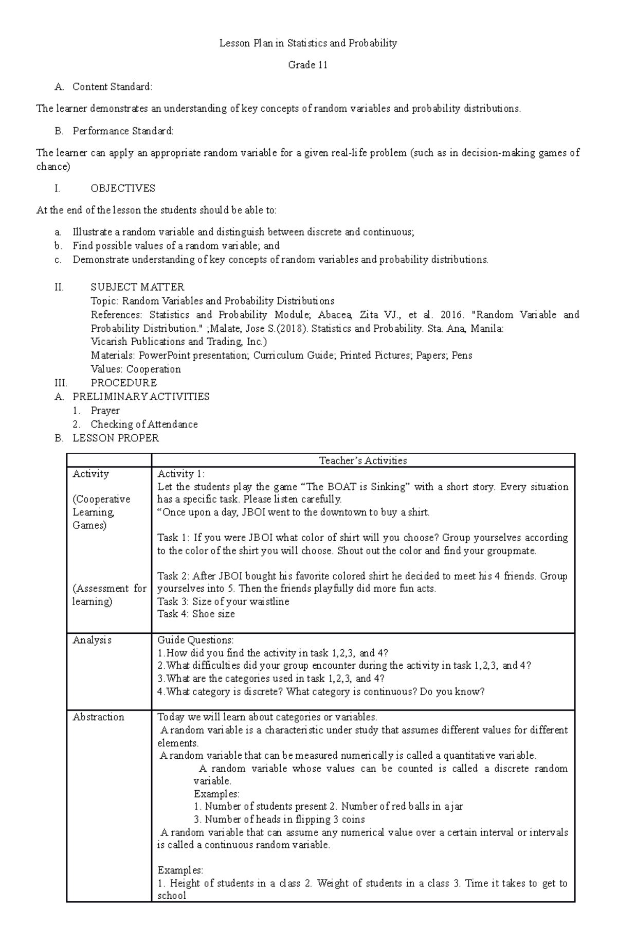DLP 1 STAT - Lesson plan - Lesson Plan in Statistics and Probability ...