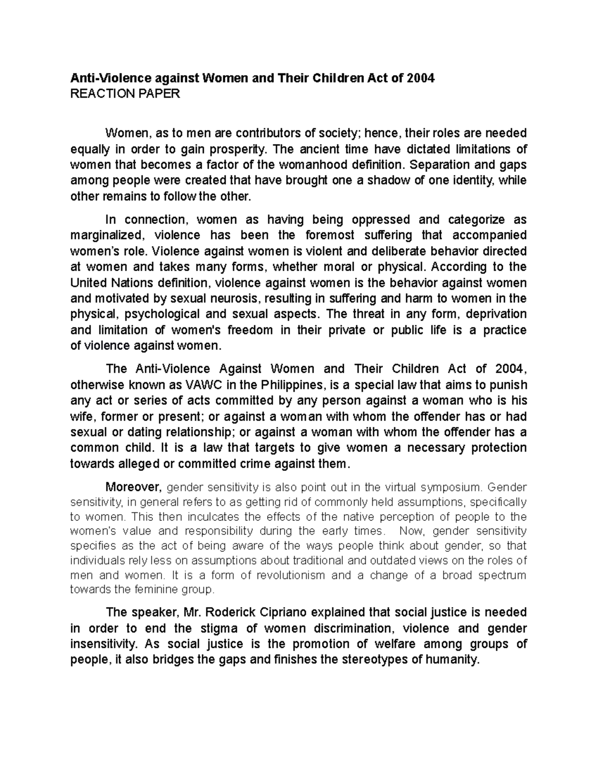 Anti-Violence against Women and Their Children Act of 2004 - Reaction ...