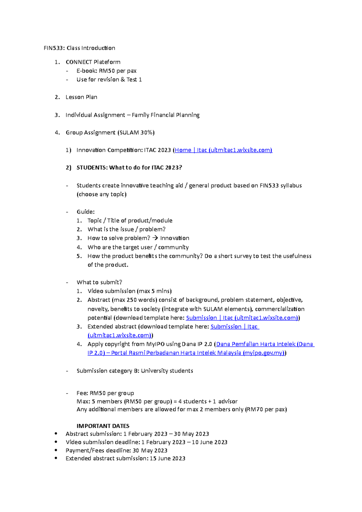 FIN533 Group Assignment - FIN533: Class Introduction CONNECT Plateform ...