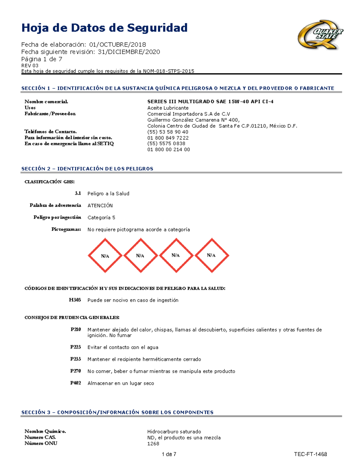 15W-40 - hoja de seguridad - Hoja de Datos de Seguridad Fecha de ...
