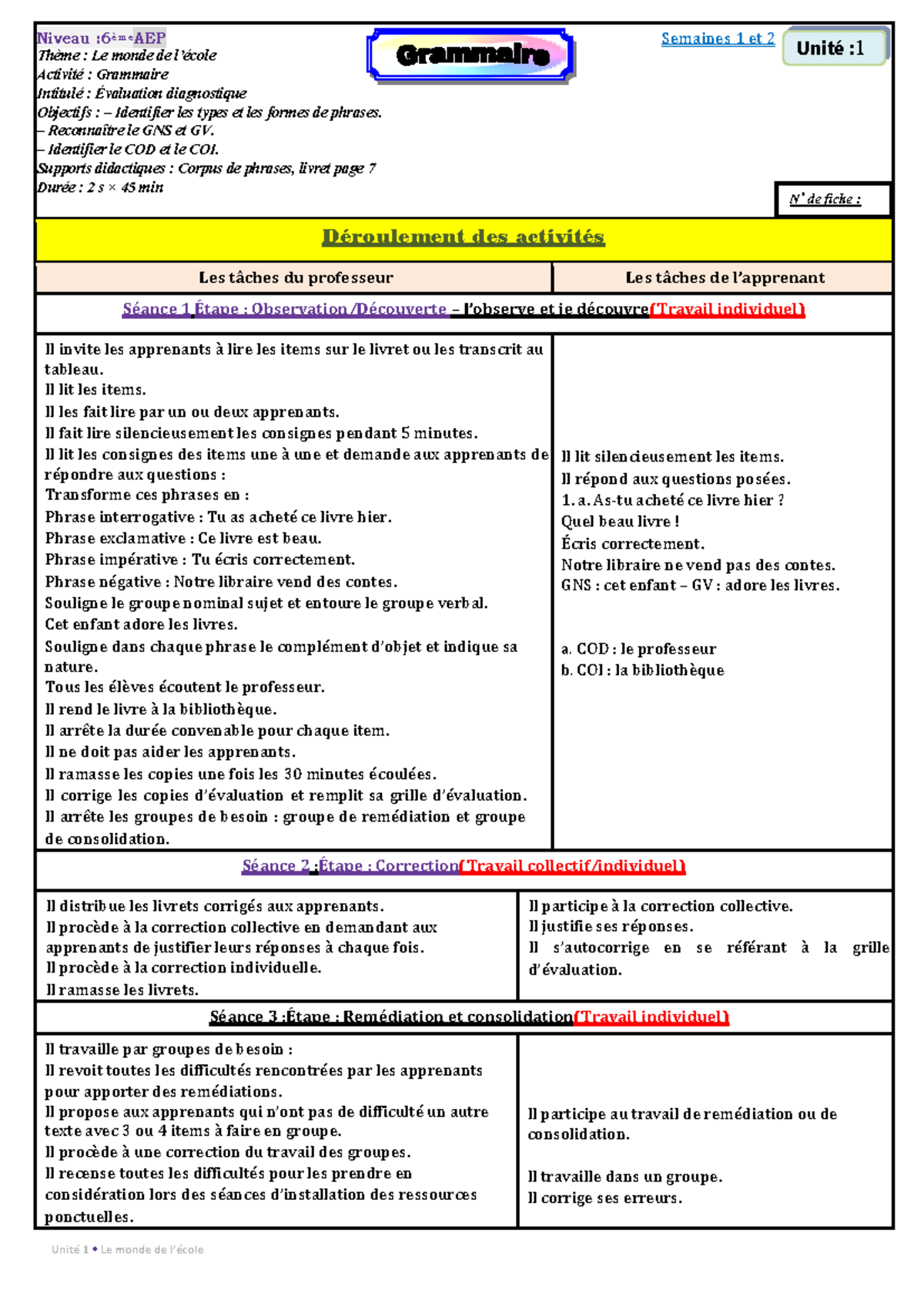 Fiches 6 mes apprentissages 2019 www - Unité 1 • Le monde de l’école ...