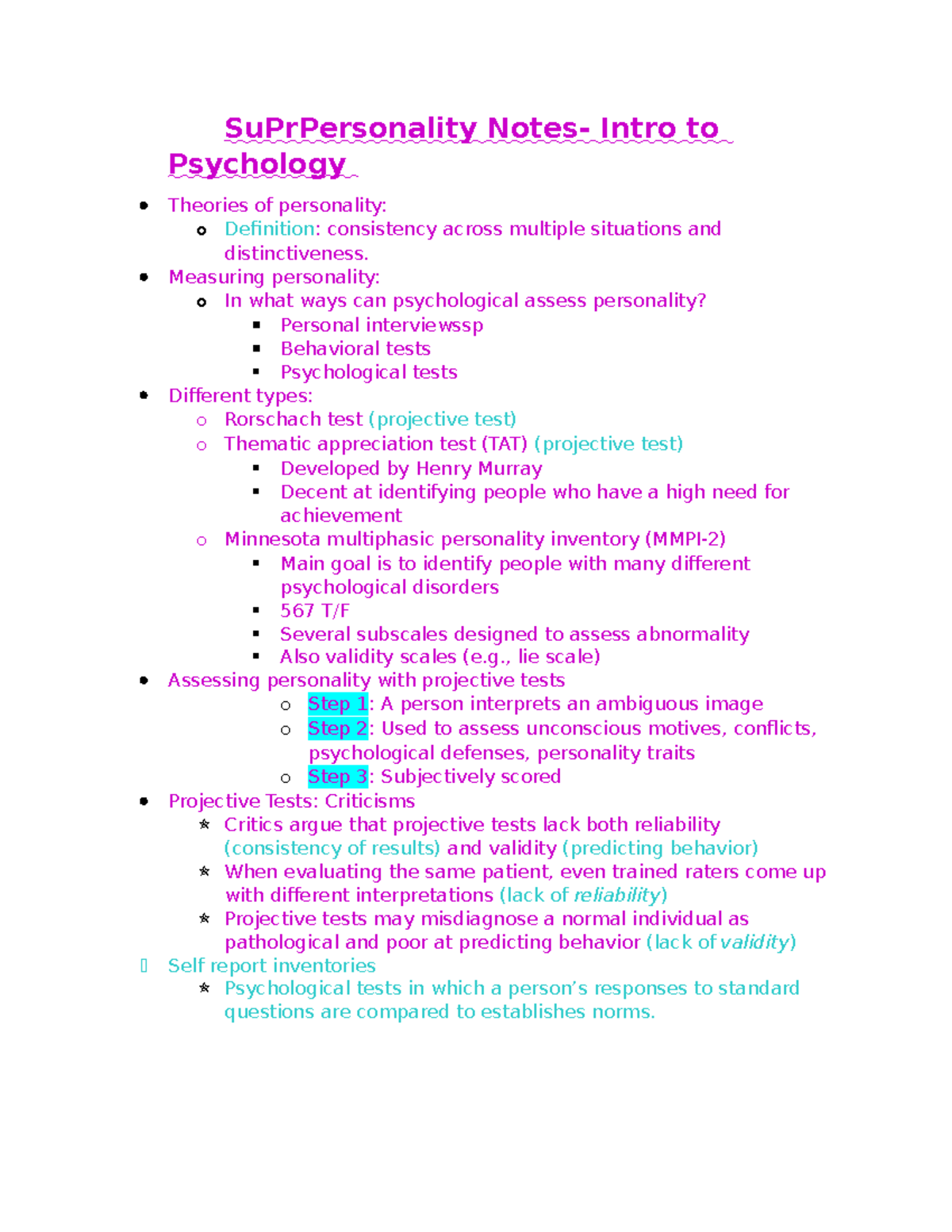Personality Notes Intro to Psychology - SuPrPersonality Notes- Intro to ...