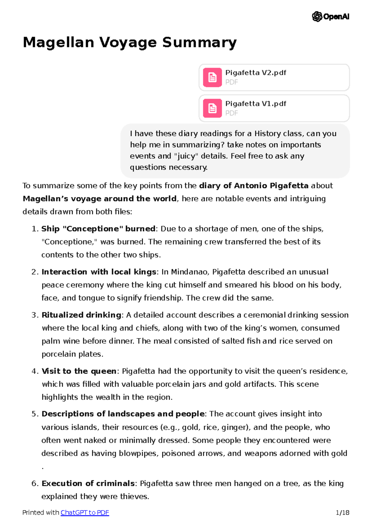 Magellan Voyage Summary - Magellan Voyage Summary Pigafetta V2 PDF Pigafetta V1 PDF I have these ...