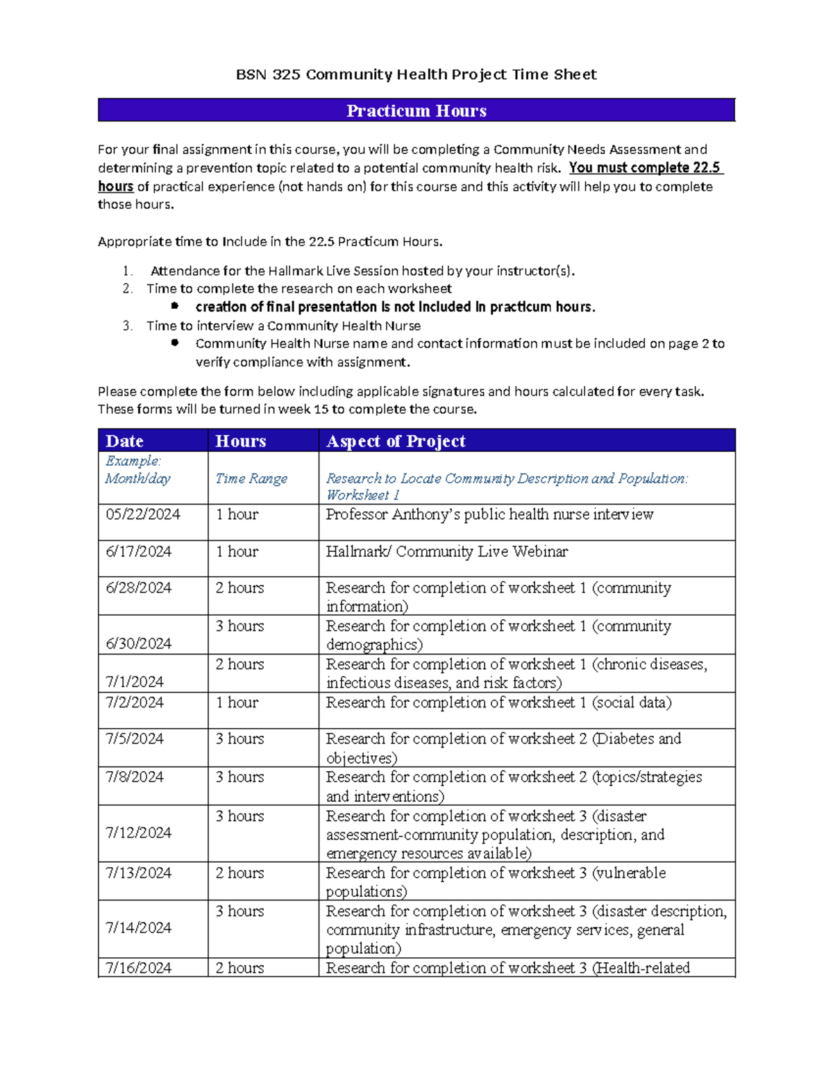 Hallmark Practicum Time Sheet - BSN 325 Community Health Project Time Sheet Practicum Hours For ...