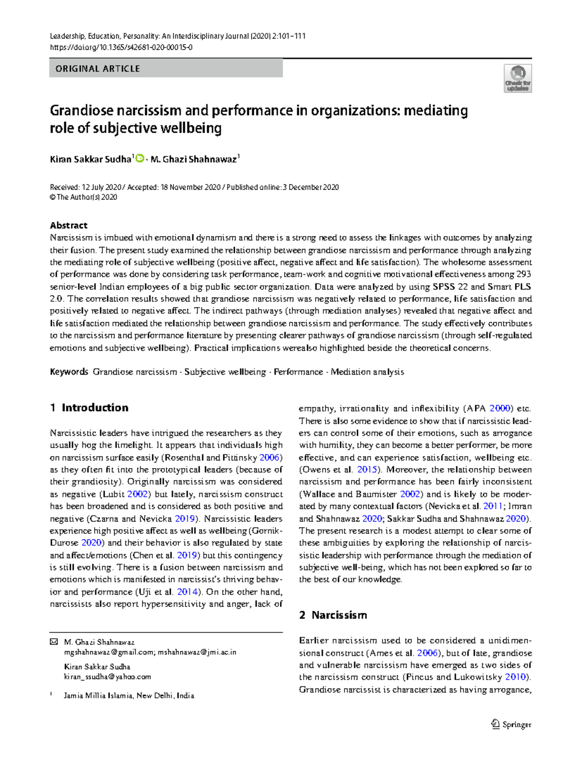 Narci and subjective wellbeing - Vol.:(0123456789)1 3 doi/10.1365/s42681-020-00015- ORIGINAL ...