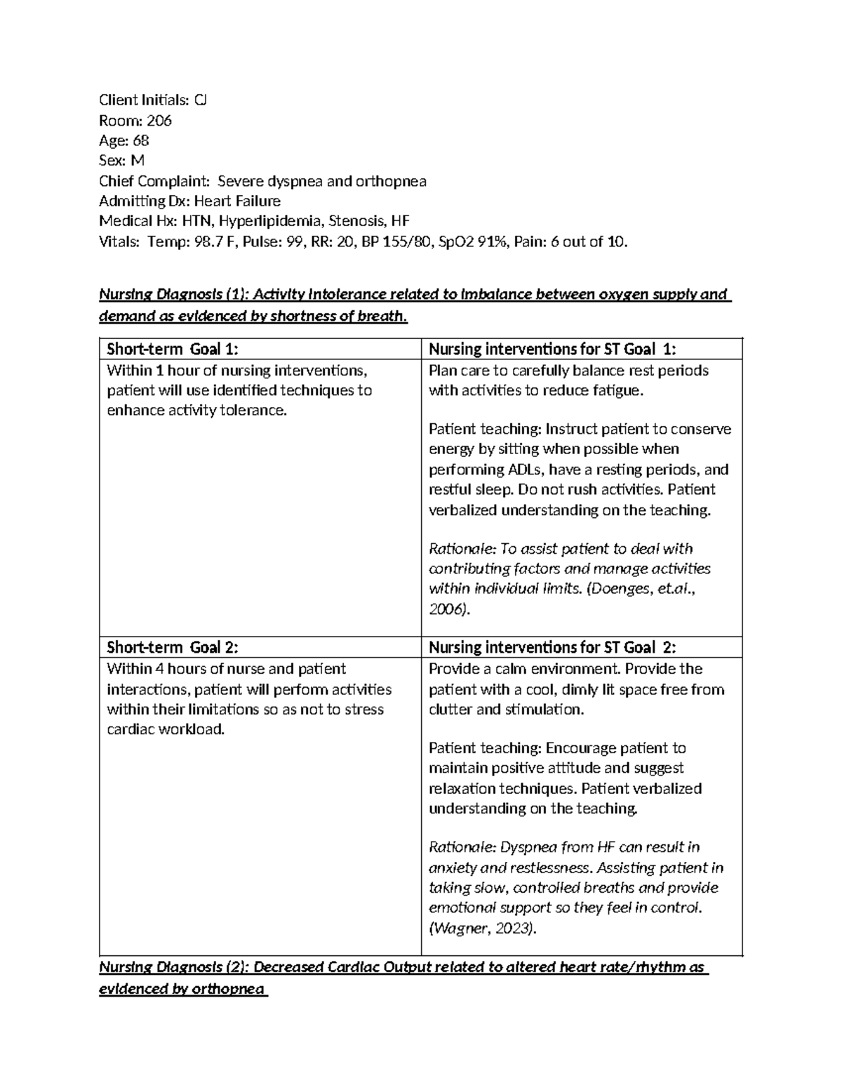 Sim Lab Assignment - SIm lab scenario - Client Initials: CJ Room: 206 ...