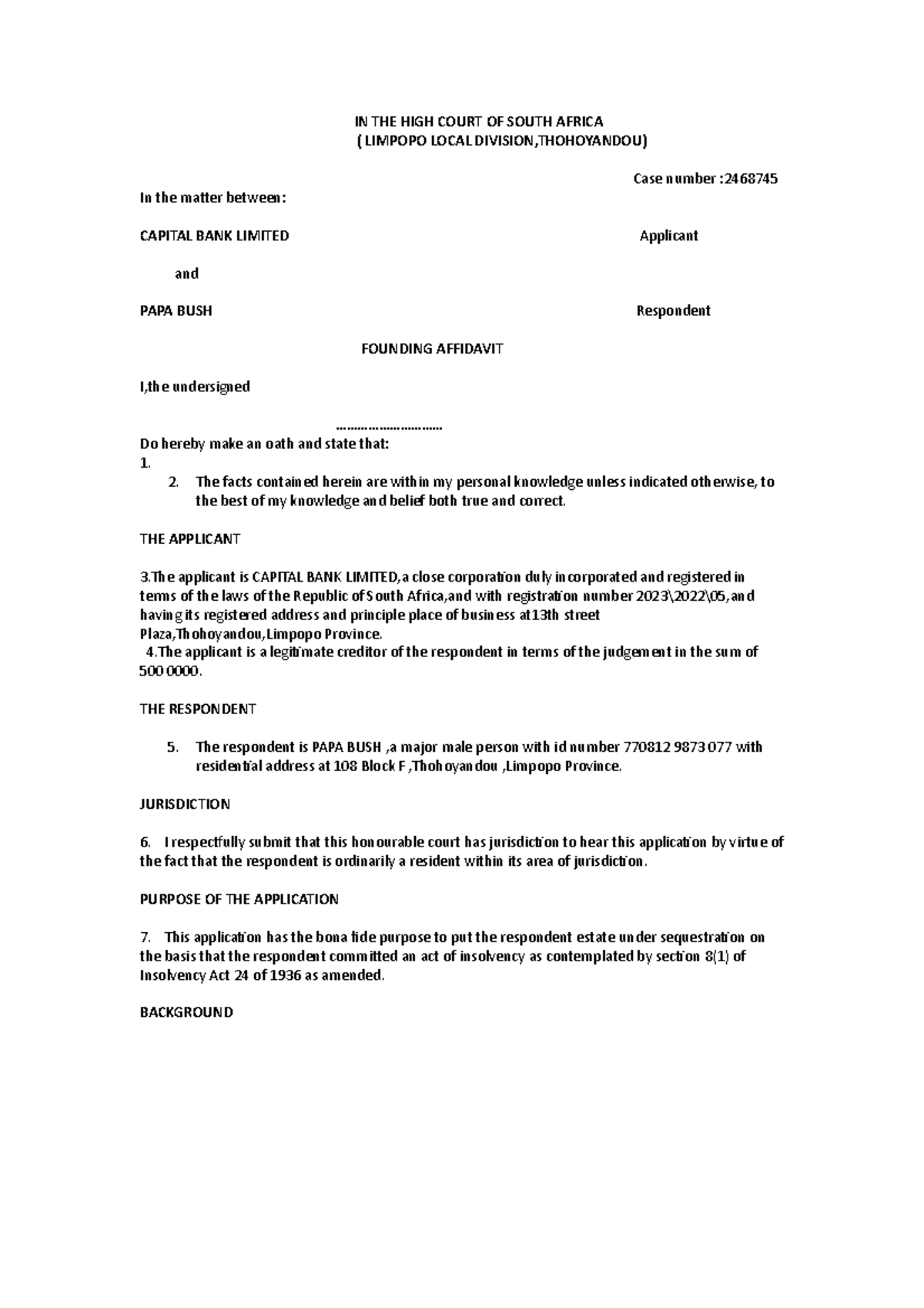 Founding Affidavit - Typical example - IN THE HIGH COURT OF SOUTH ...
