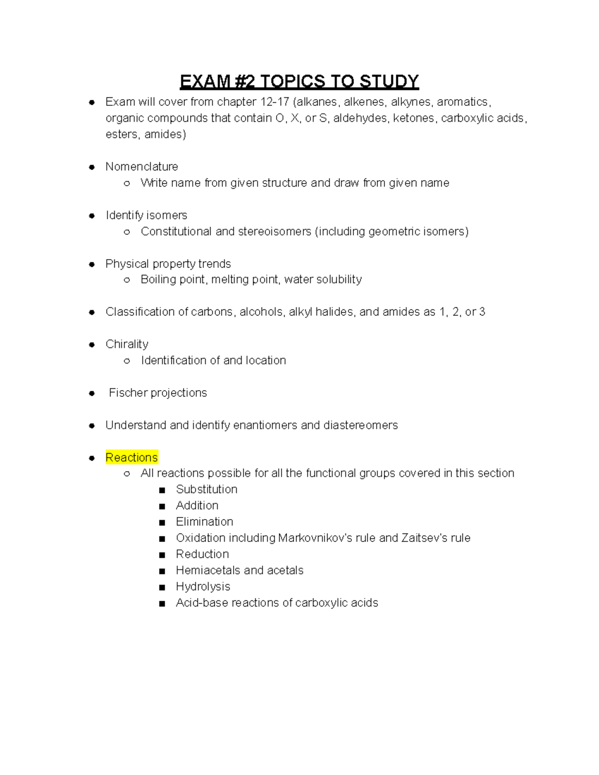 CHEM Study Guide (EXAM #2) - EXAM #2 TOPICS TO STUDY Exam will cover ...