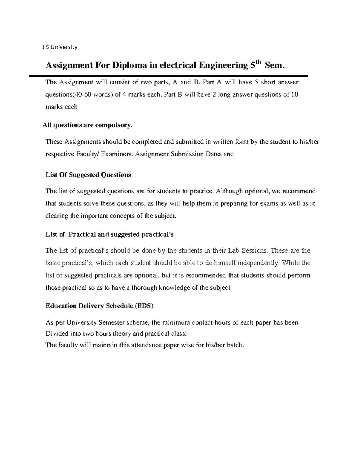 J S University diploma 5th elect assignment 1 - J S University ...