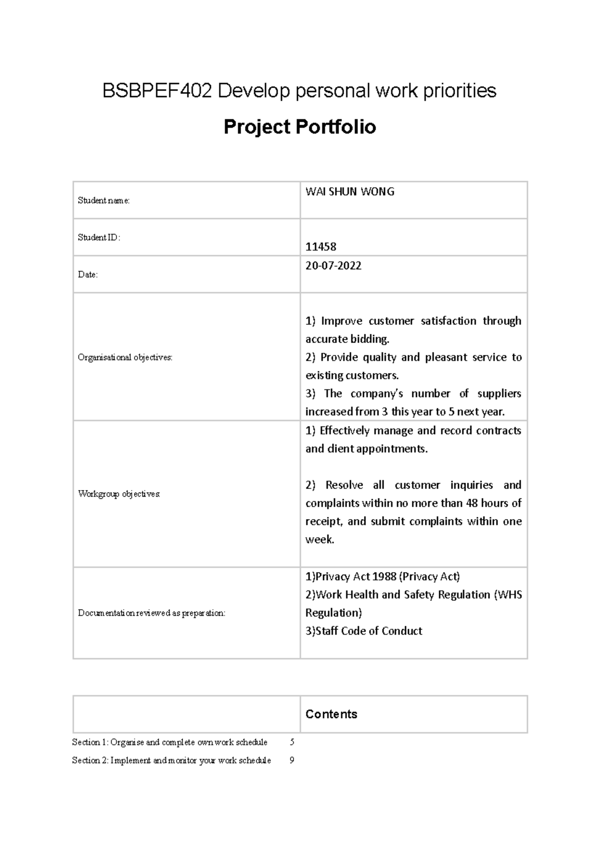 402 - 123 - BSBPEF402 Develop personal work priorities Project ...